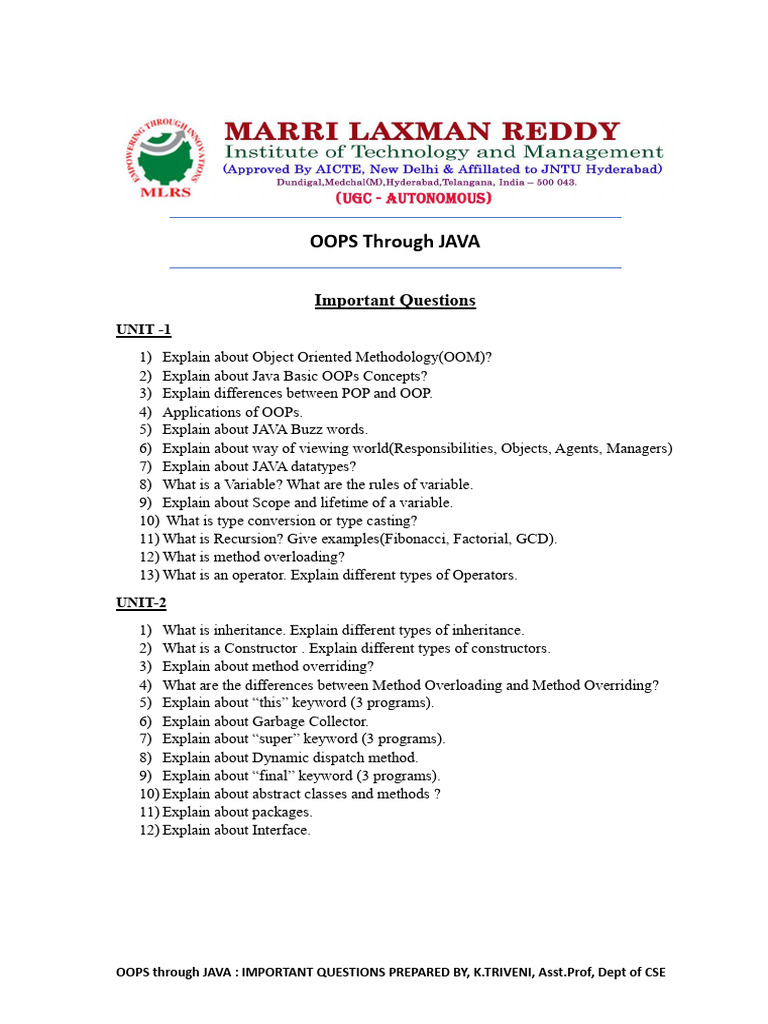 Oops Through Java Important Questions Pdf Method Computer Programming Computers