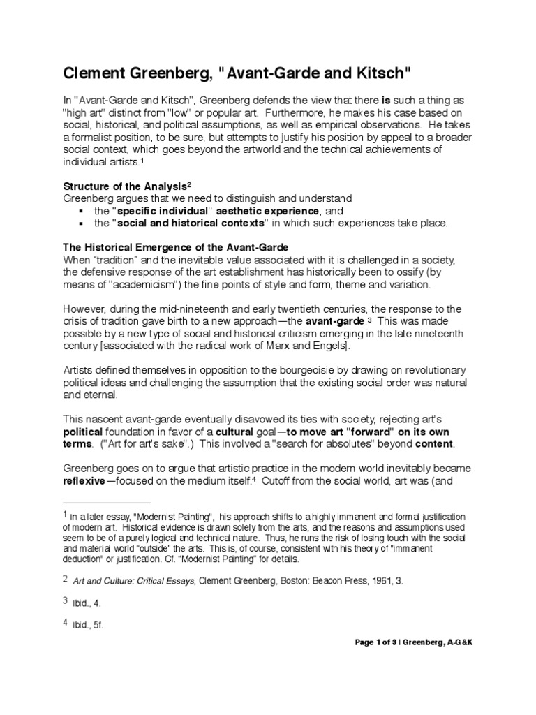 Clement Green Berg, 'Avant-Garde and Kitsch' | PDF | Avant Garde ...