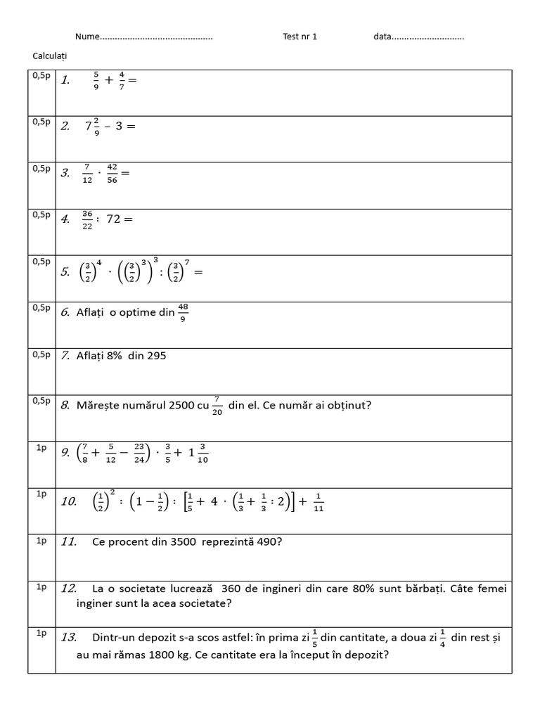 Test Clasa 5 Fractii Ordinare | PDF