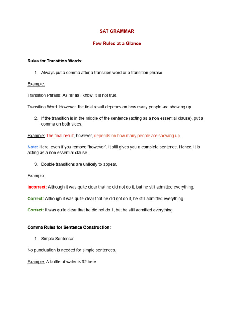 SAT Grammar Rules at a Glance | PDF