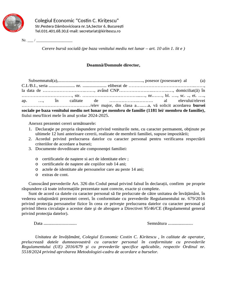Anexa 5 - Cerere Bursa Sociala Pe Baza Venitului Mediu Lunar | PDF