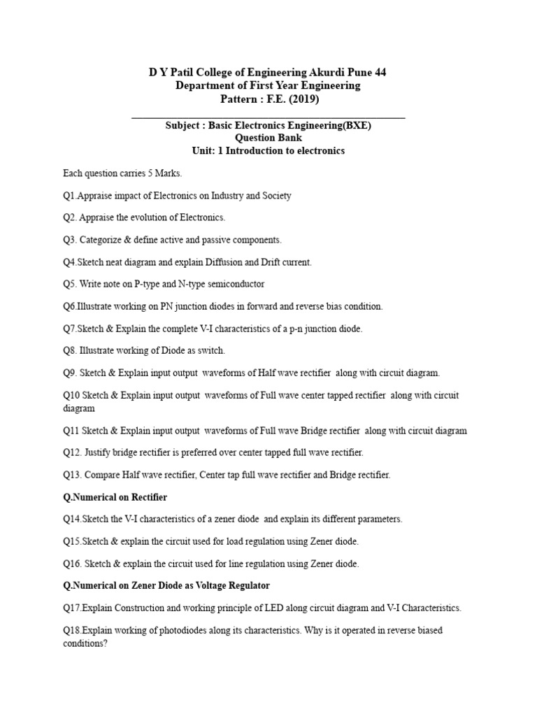 BXE Question Bank On Unit 1 (2019 Pattern) | PDF