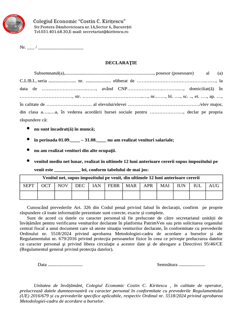 Anexa 12 - Declaratie Pe Propria Raspundere Privind Veniturile Nete | PDF