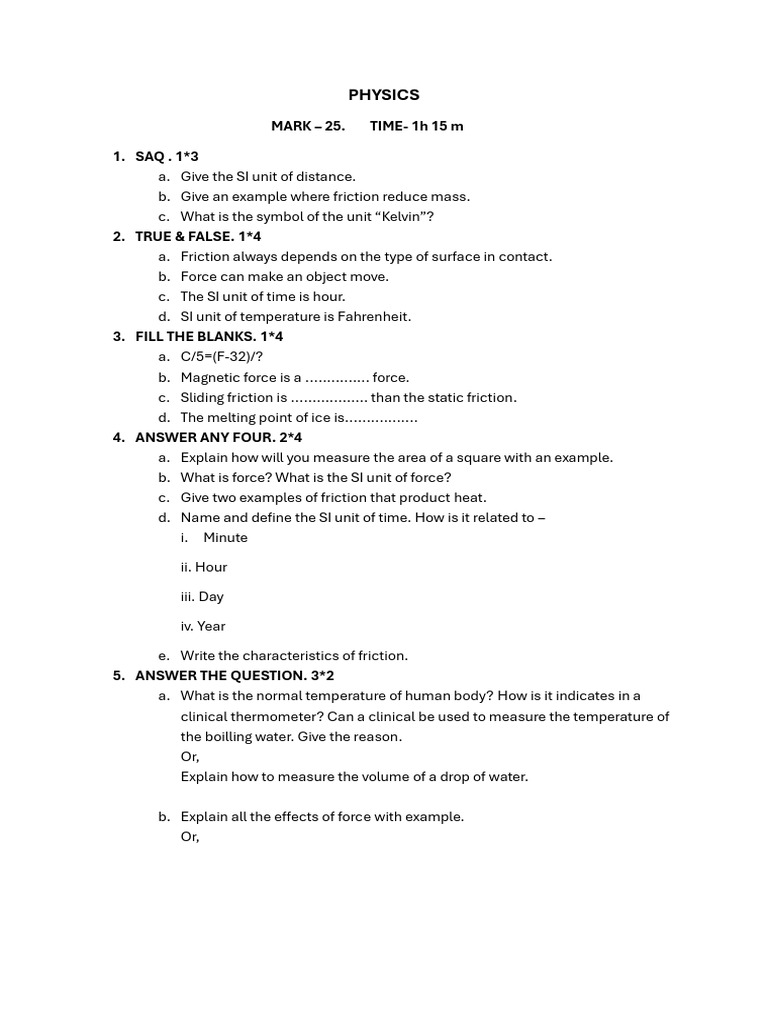Physics: Mark - 25. Time-1H 15 M 1. SAQ - 1 3 | PDF