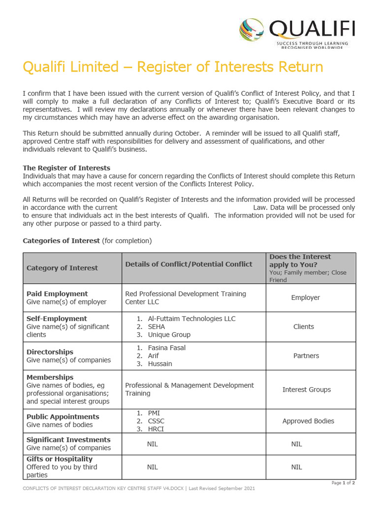 Qualifi Conflicts of Interest Declaration - Centre Staff Najmul | PDF