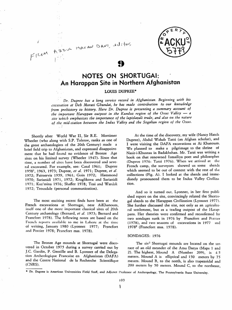 Dupree, L. (1981). Notes on Shortugai an Harappan Site in Northern ...