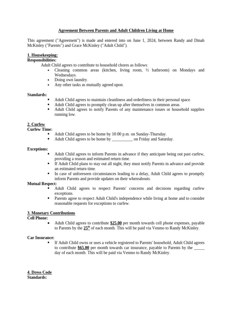 Agreement Between Parents and Adult Children Living at Home | PDF