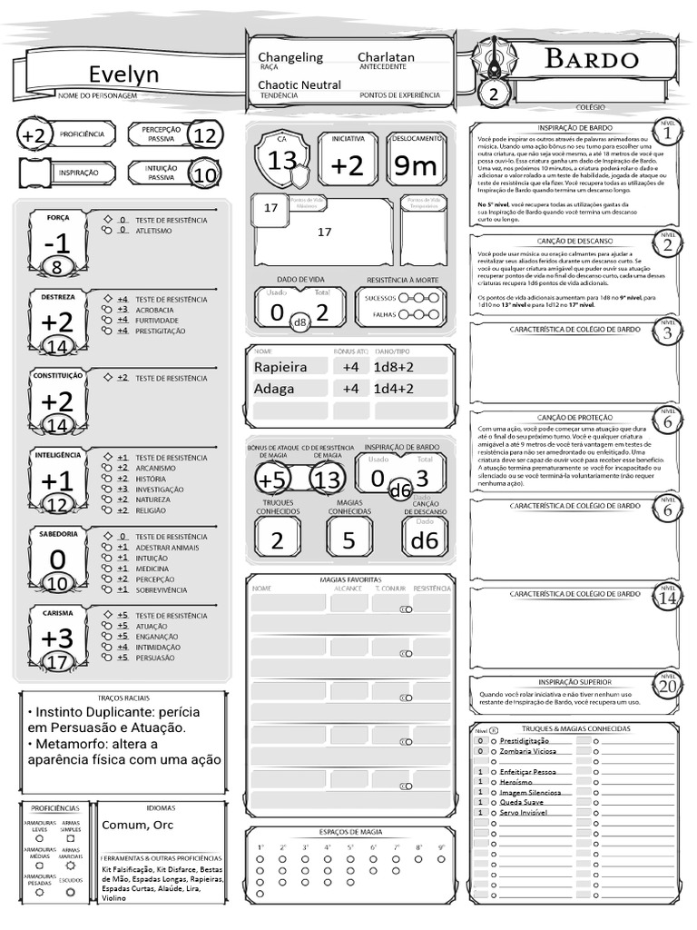 Ficha de Bardo - DND 5 | PDF