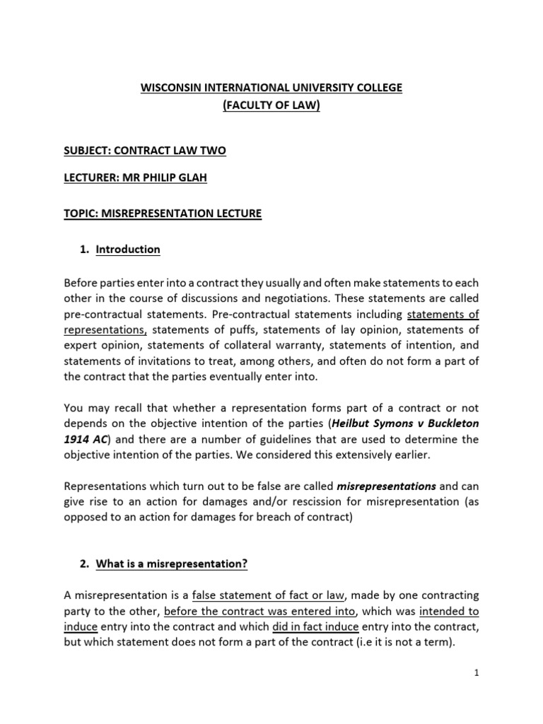 Misrepresentation Outline Lecture Notes Pdf