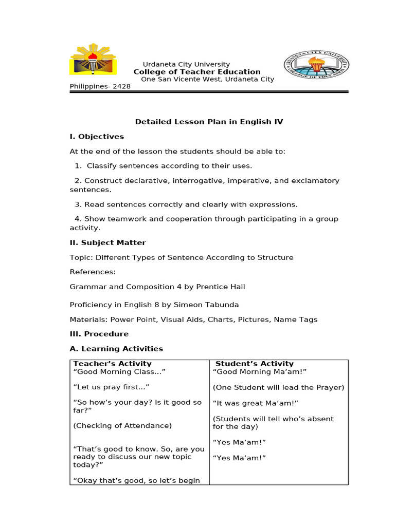 431511471 4 Types of Sentences Lesson Plan | PDF