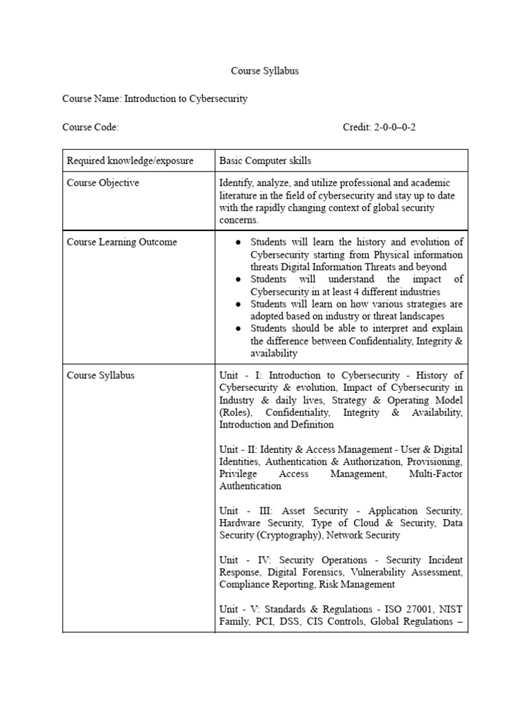 Introduction To Cybersecurity - Syllabus | PDF