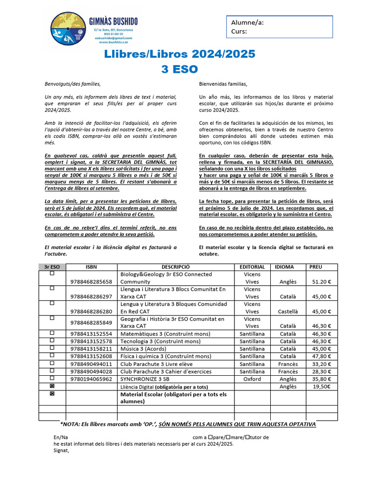 Carta Llibres 3r ESO 2024-2025 | PDF