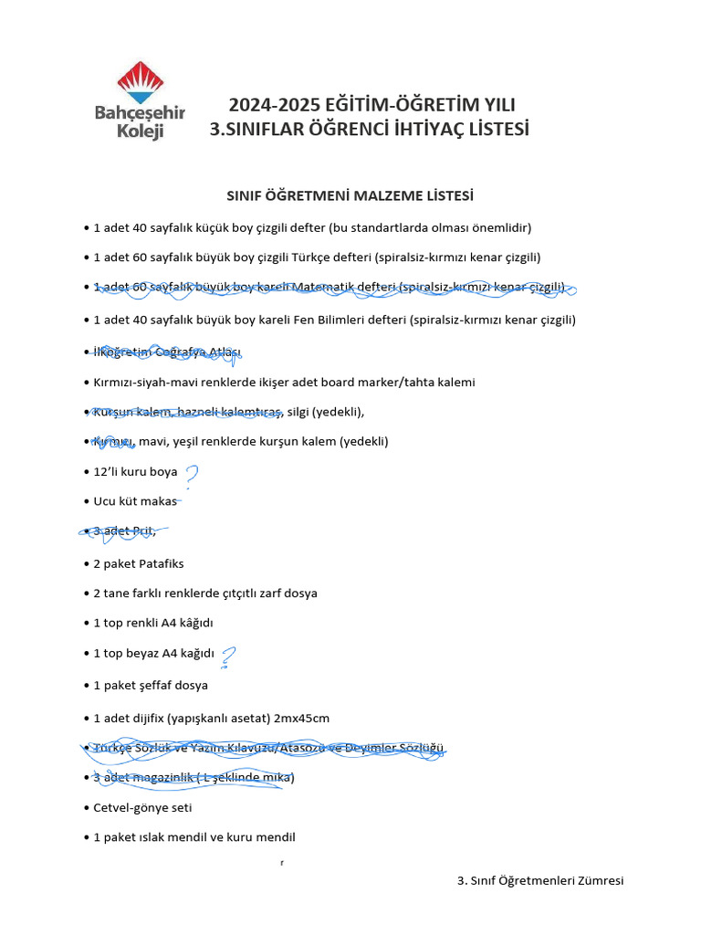 2024-2025 3.sınıflar Öğrenci İhtiyaç Listesi | PDF
