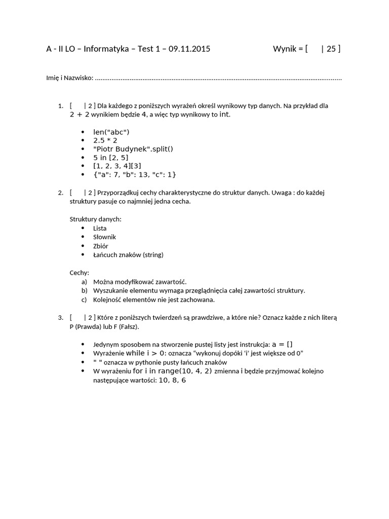 LO - Informatyka - Test | PDF