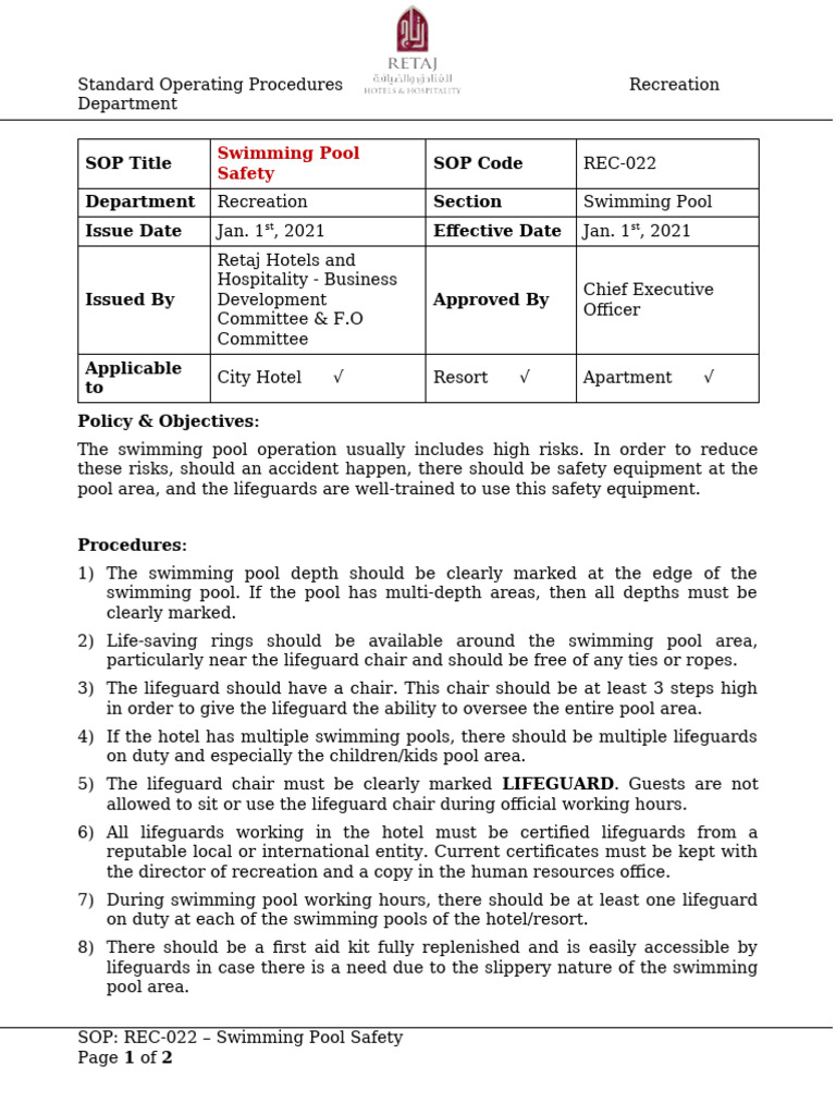 (REC-022) Recreation - Swimming Pool Safety | PDF | Swimming Pool