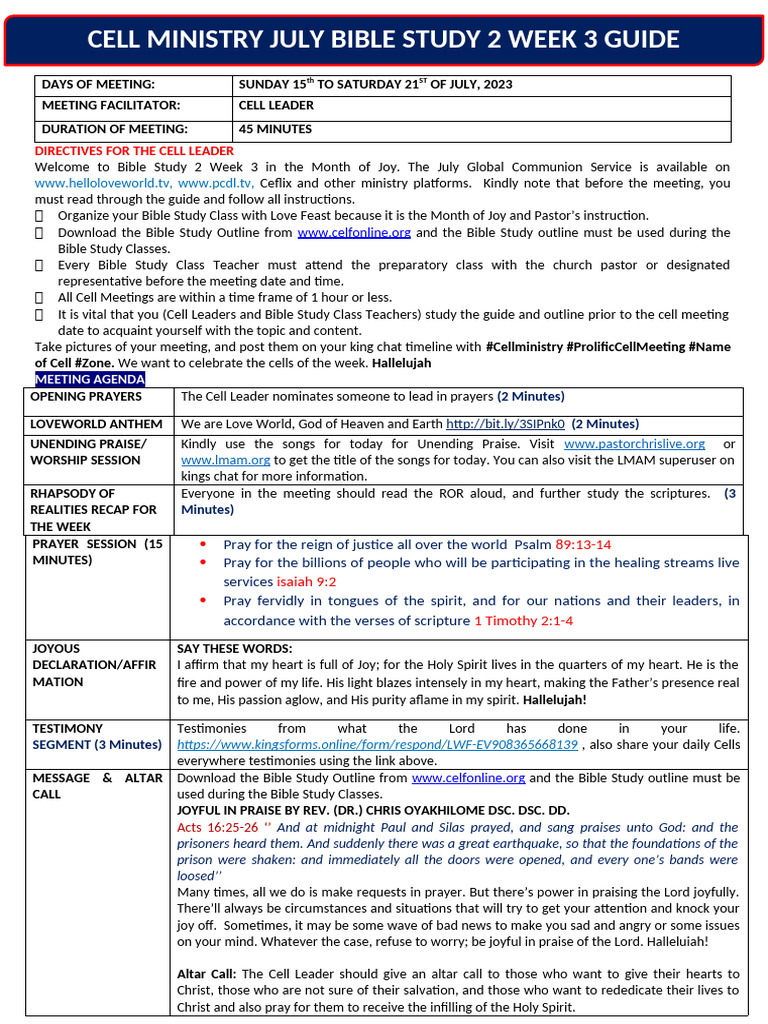 Cell Ministry July Bible Study 2 Week 3 Guide: Directives For The Cell ...