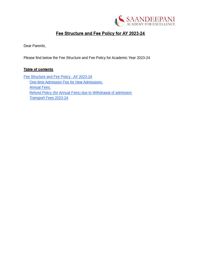 Fee Structure and Fee Policy Document 2023-24 | PDF