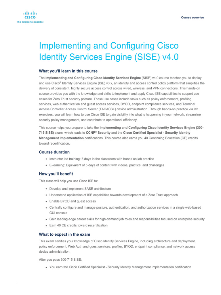 Implementing and Configuring Cisco Cisco Identity Services Engine SISE | PDF