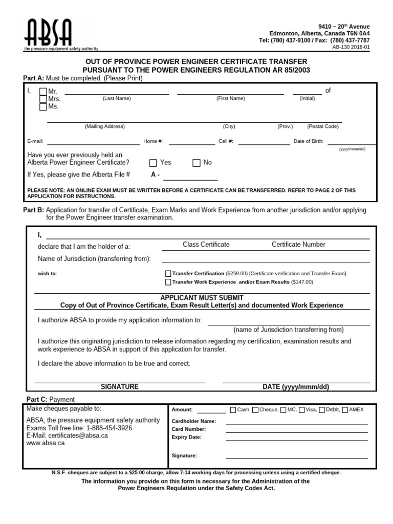 AB-130 Out of Province Power Engineer Certificate Transfer Application ...