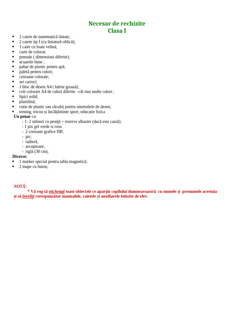 Necesar Rechizite | PDF