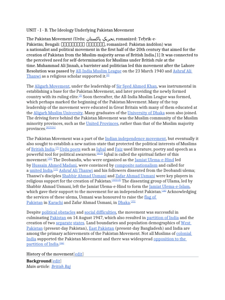 UNIT - I - B. The Ideology Underlying Pakistan Movement | PDF