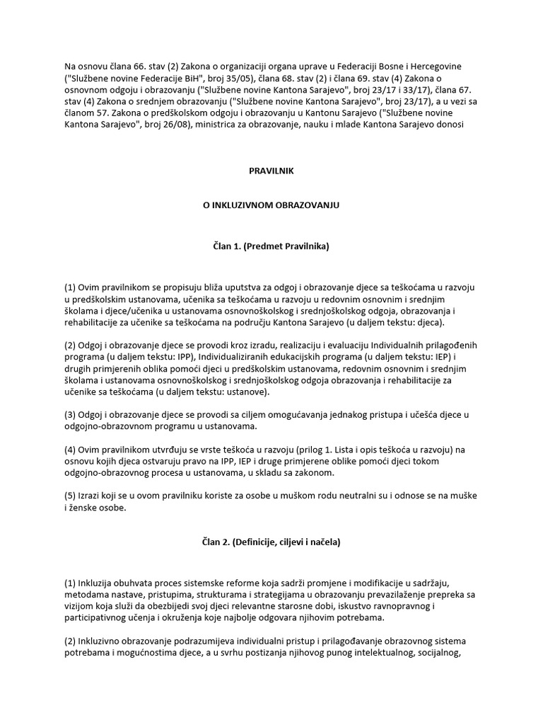 Pravilnik o Inkluzivnom Obrazovanju | PDF