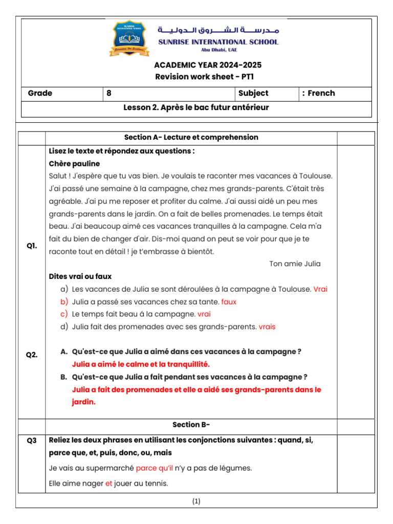 ACADEMIC YEAR 2024-2025 Revision Work Sheet - PT1 Grade 8 Subject ...