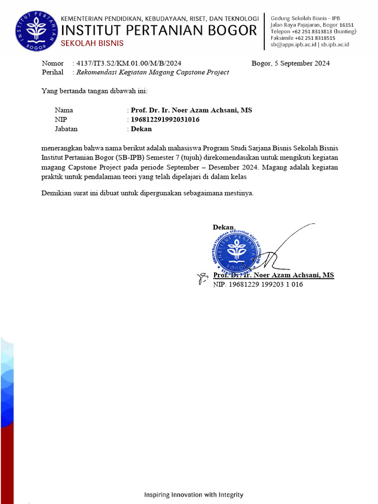 Surat Rekomendasi Magang Capstone 2024 | PDF