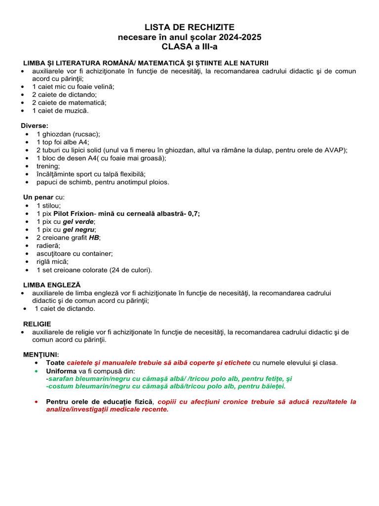 Necesar Rechizite CL III 2024 2025 | PDF