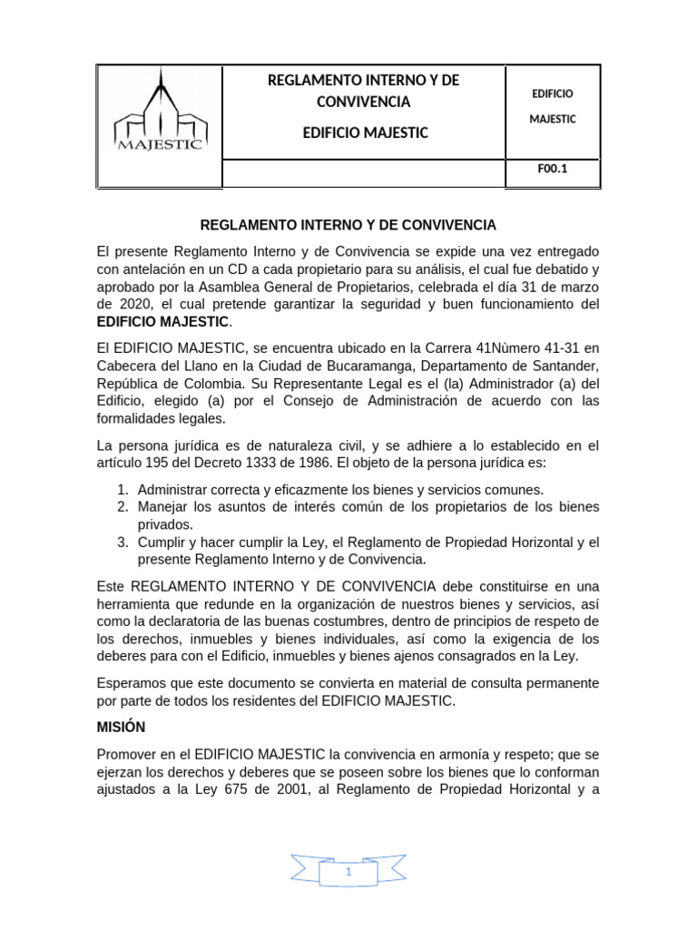 REGLAMENTO INTERNO Y DE CONVIVENCIA EDIFICIO MAJESTIC -2020 | PDF