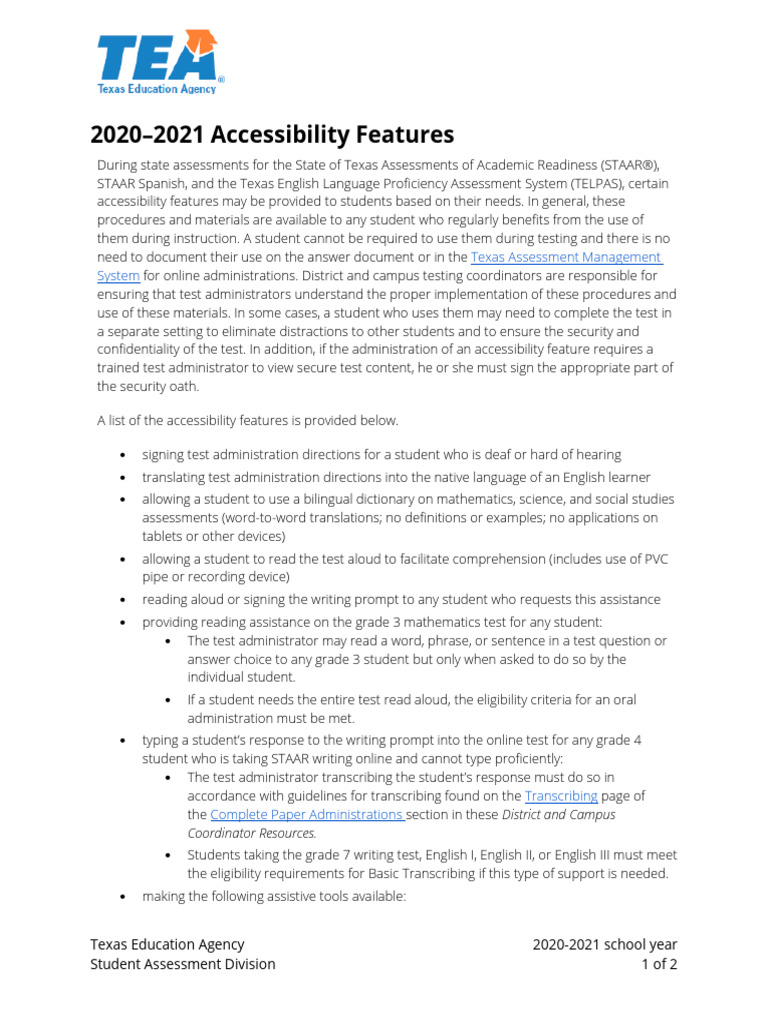 2020 2021 TEA Accommodations Policy Documents | PDF | Special Education