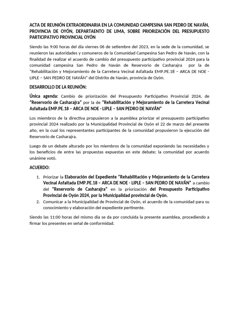 Acta Asamblea Sobre Asfaltado de Carretera Liple - Naván | PDF