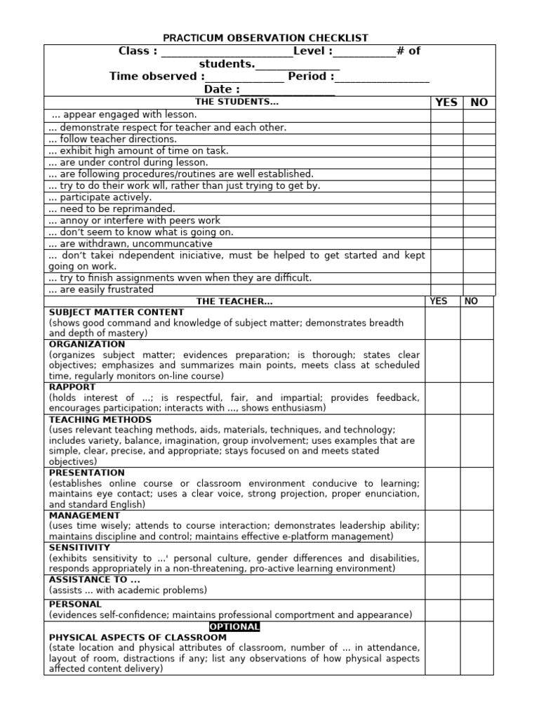 Practicum Observation Checklis1 | PDF | Teachers | Teaching Method