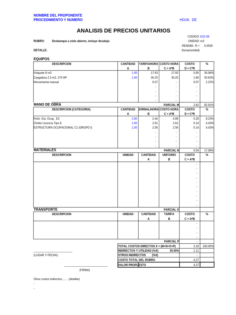 E02-08 Desbanque A Cielo Abierto Incl. Desalojo | PDF