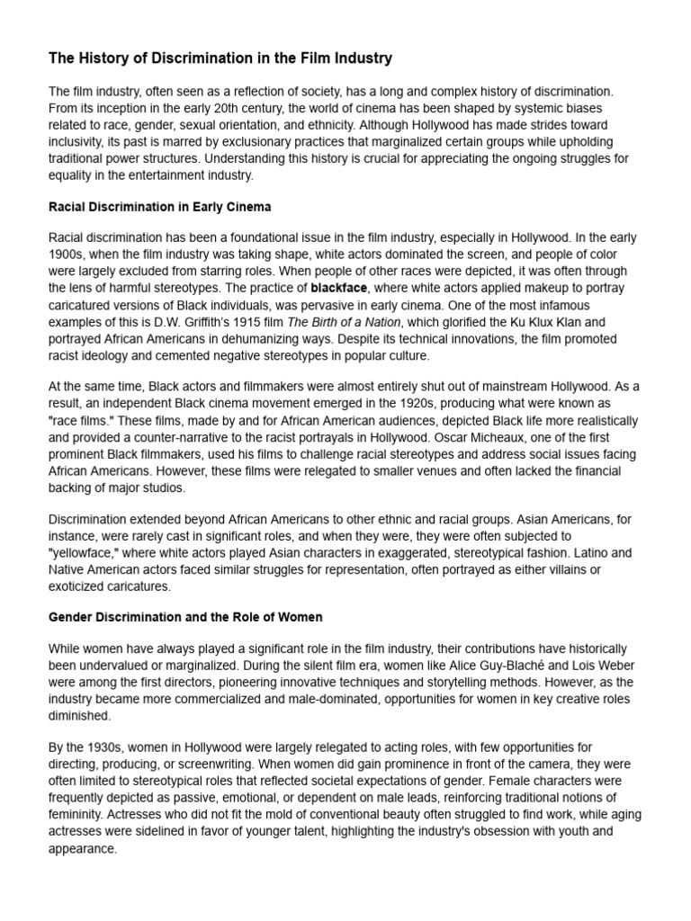 The History of Discrimination in The Film Industry | PDF