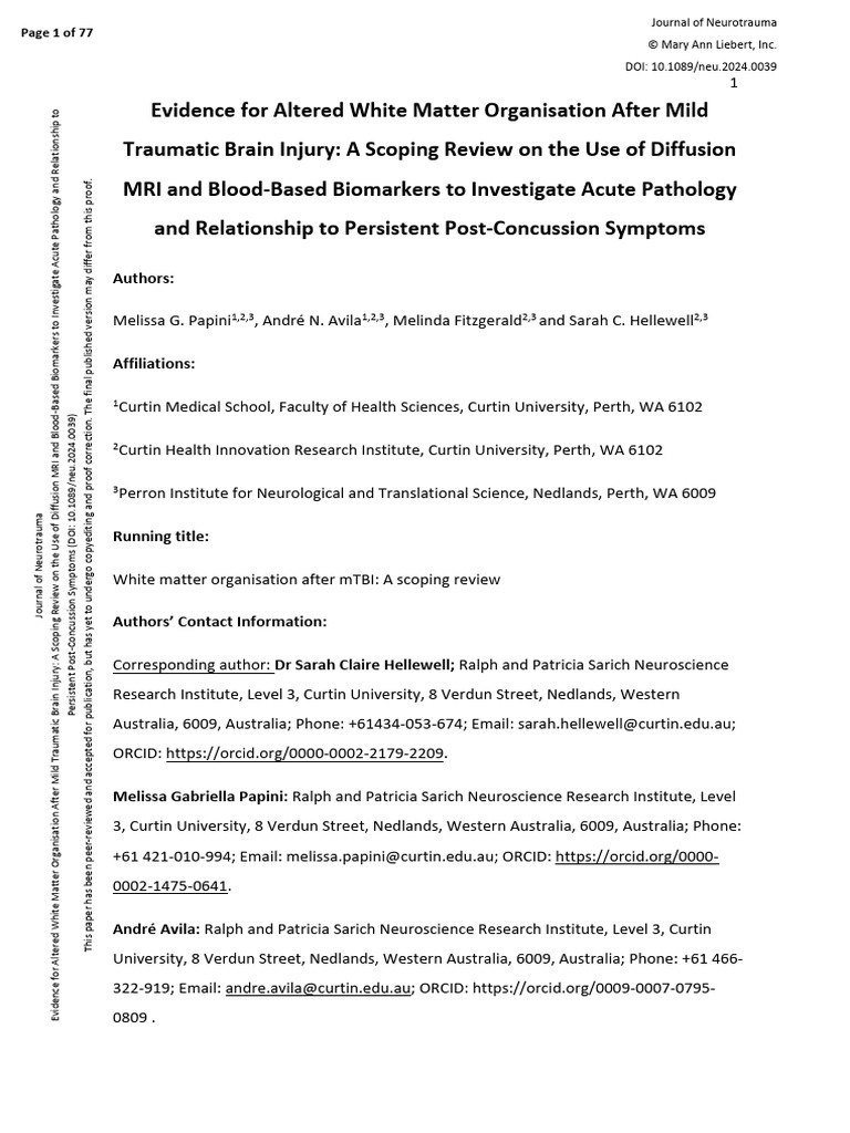 Papini Et Al 2024 Evidence For Altered White Matter Organisation After Mild Traumatic Brain ...