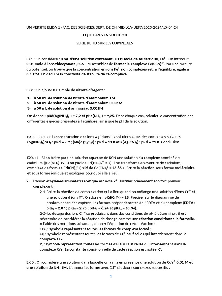 Serie De Td Sur Les Complexes Copie Pdf