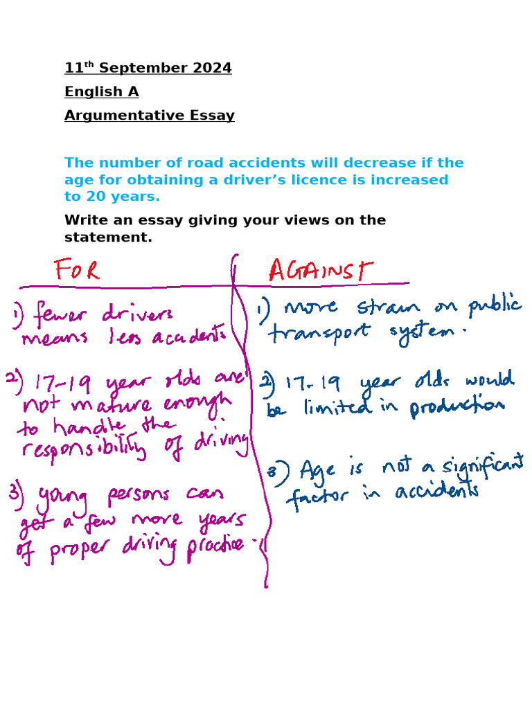 11th September 2024 English A - Argumentative Essay Homework | PDF