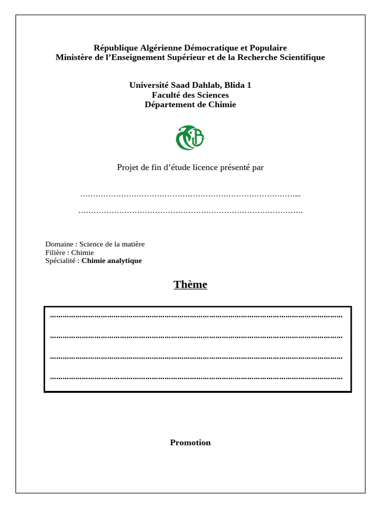 Page de Garde PFE (Licence Chimie Analytique) | PDF