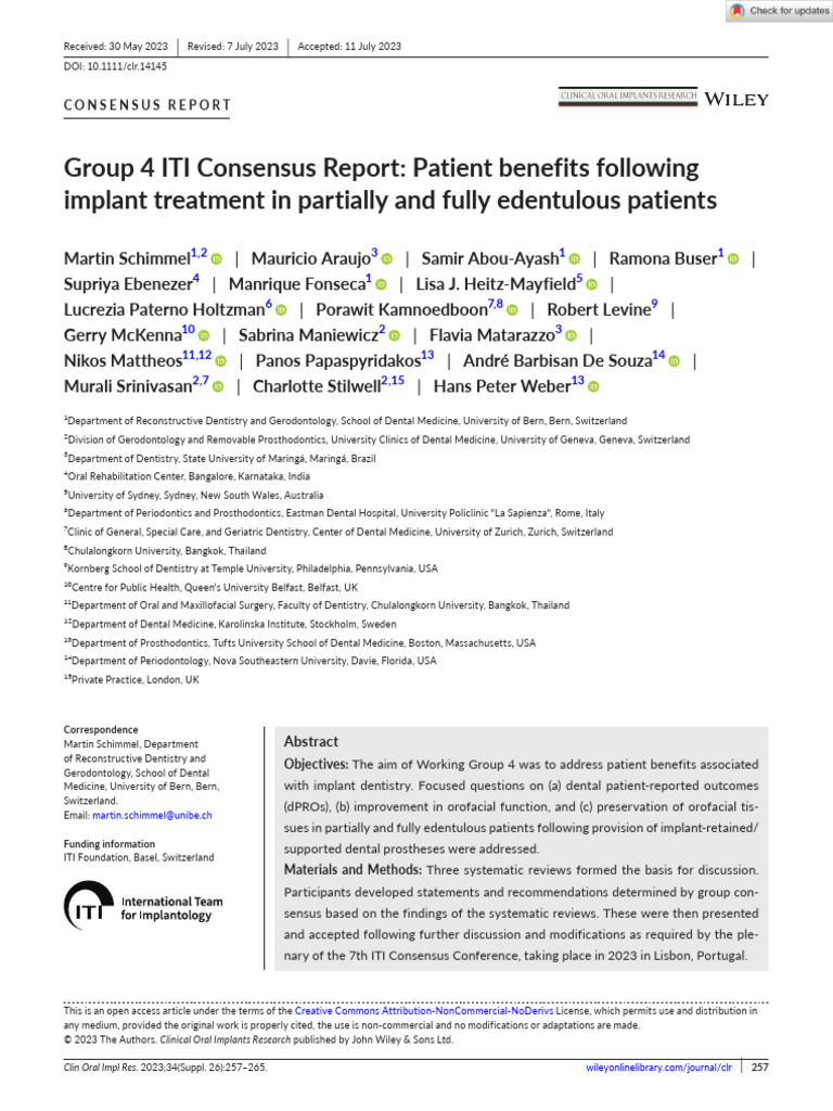 Group 4 ITI Consensus Report Patient Benefits Following Implant Treatment in Partially and Fully ...
