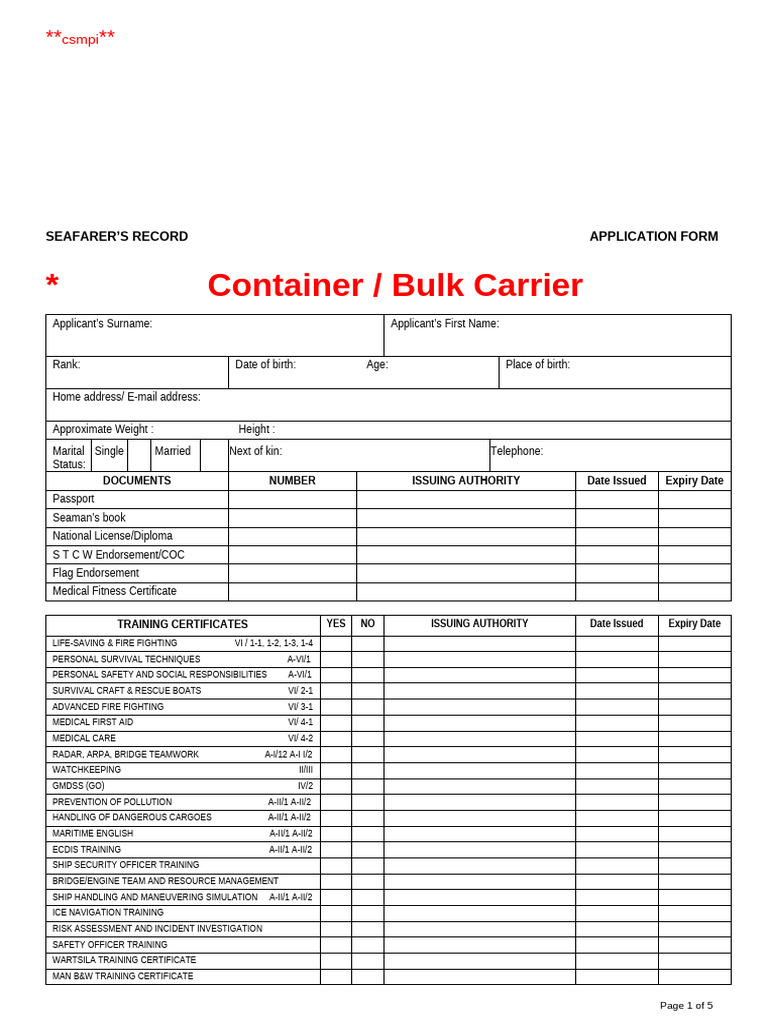 Seafarer Application Form Container Bulk Carrier | PDF