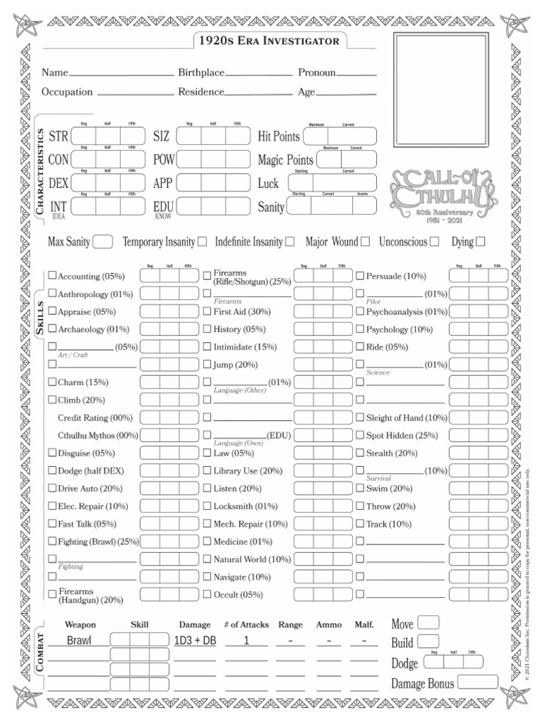 CoC Character Sheet 2021 Print | PDF
