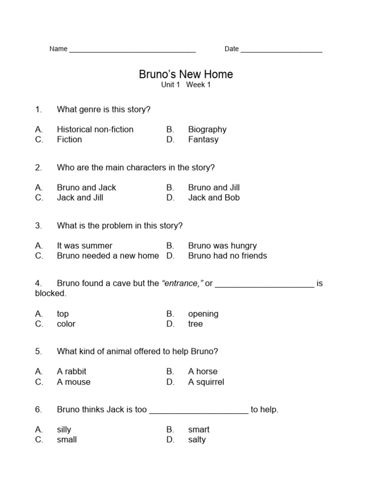 Bruno's New Home: Unit 1 Week 1 | PDF