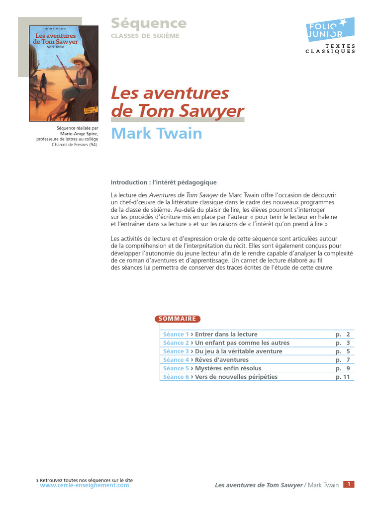 Séquence Pédagogique : Tom Sawyer 6ème | PDF