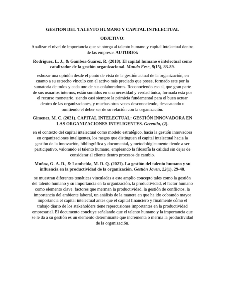 Gestion Del Talento Humano y Capital Intelectual | PDF