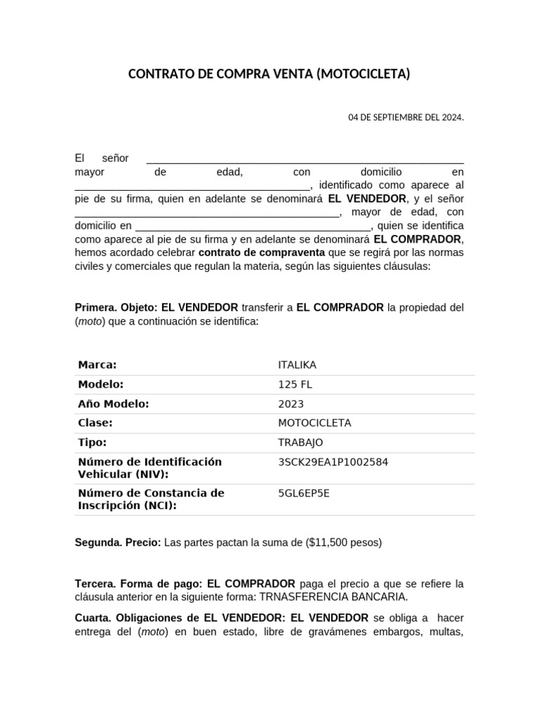 Contrato de Compra Venta Moto | PDF