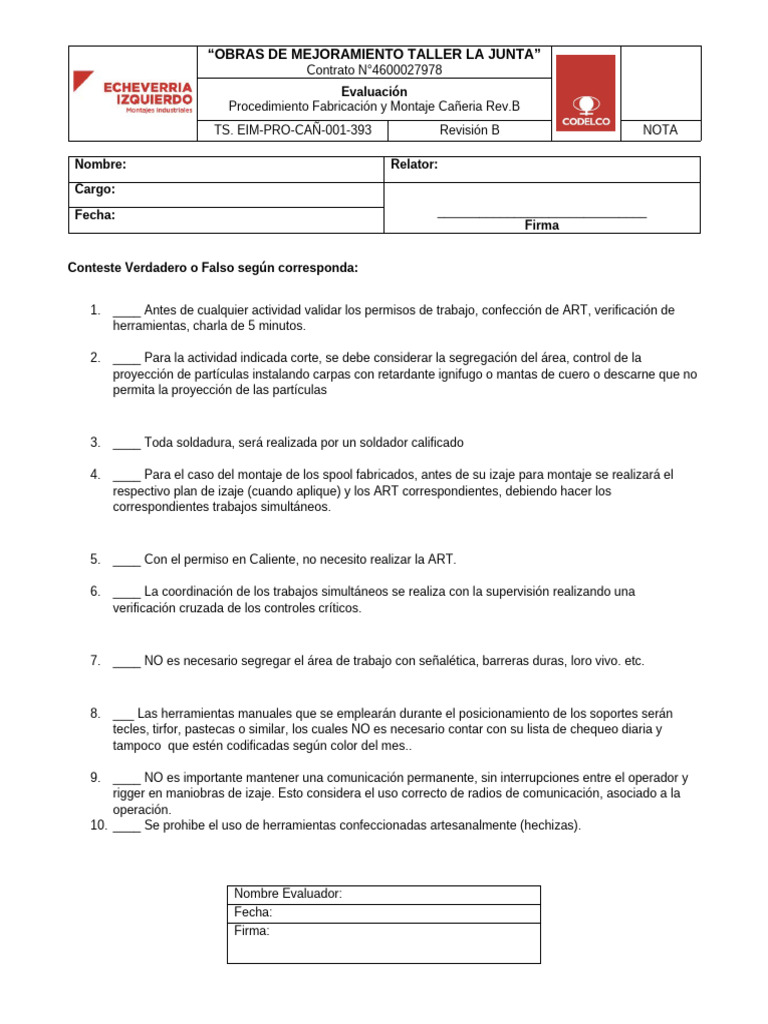 TS. EIM-PRO-CAÑ-001-393 - Evaluacion Proc. Fabricación y Montaje de Cañerias (Rev.B) | PDF