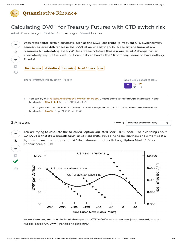 Fixed Income - Calculating DV01 For Treasury Futures With CTD Switch Risk | PDF