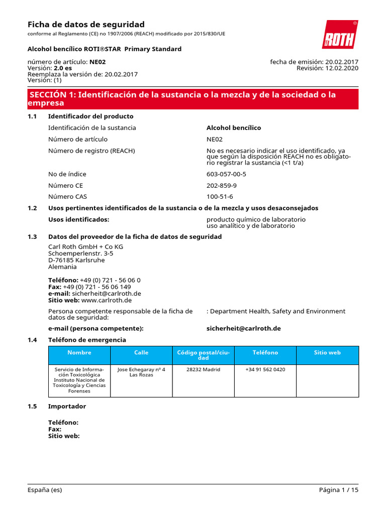MSDS Alcohol Bencílico | PDF