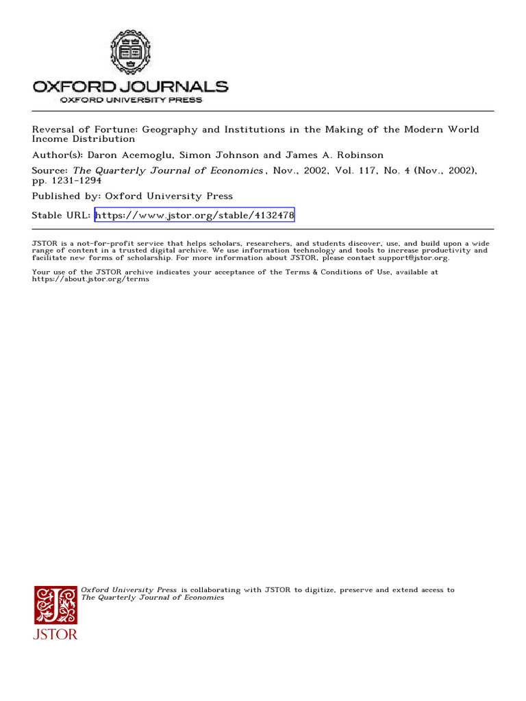Acemoglu ReversalFortuneGeography 2002 | PDF